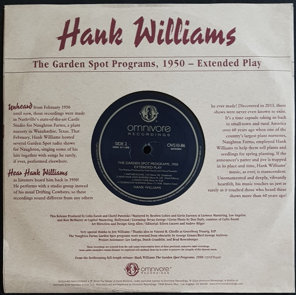 Williams, Hank - The Garden Spot Programs, 1950 - Extended Play ...