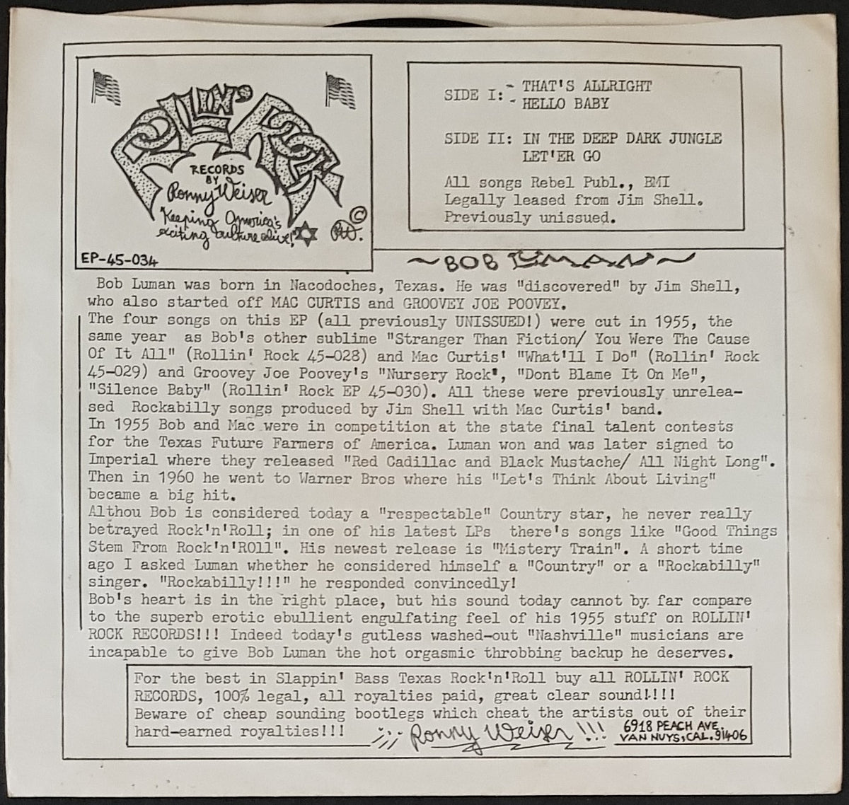 Bob Luman with Mac Curtis' Band - That's Allright – Vicious Sloth ...