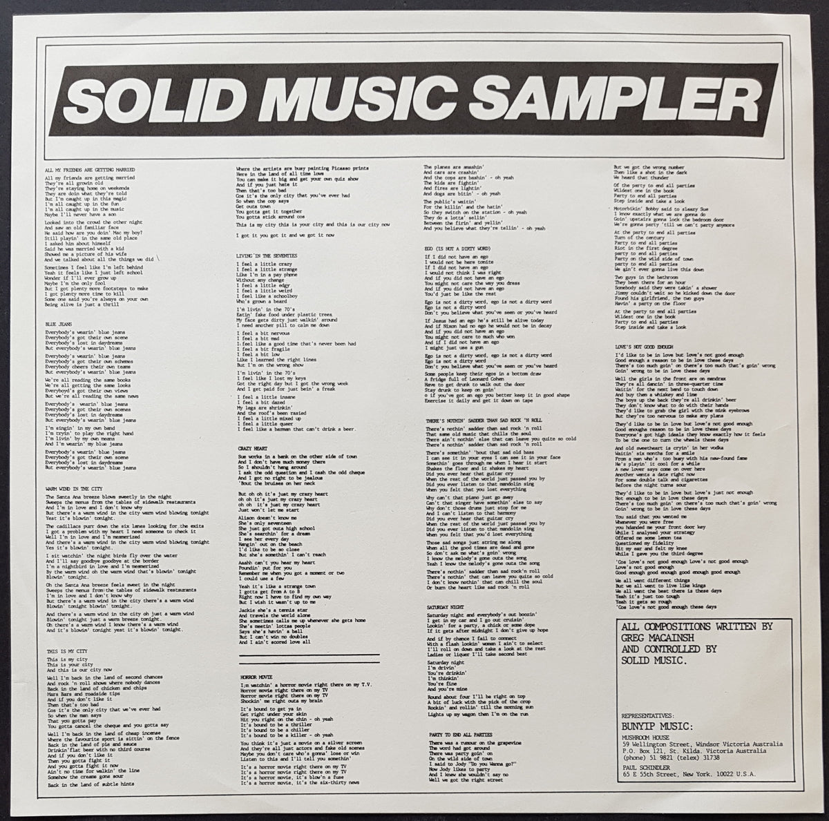 Skyhooks (Greg Macainsh) - Solid Music Sampler – Vicious Sloth Collectables